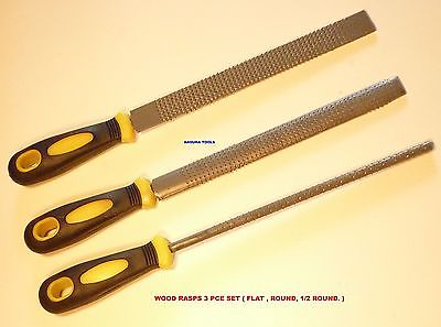 WOOD RASP FILES 8" LONG- 3pce SET ( FLAT, HALF MOON, ROUND ) - BRAND N ...