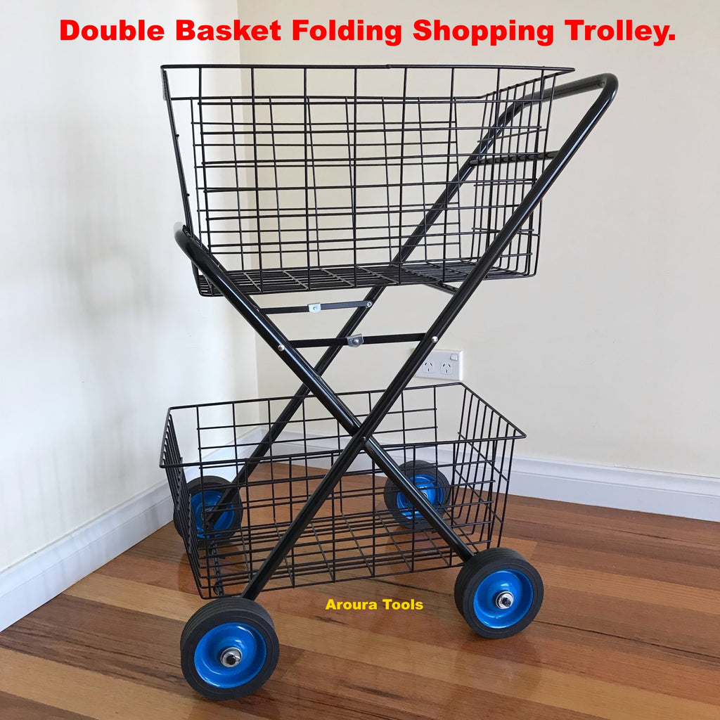 SHOPPING TROLLEY DOUBLE BASKET FOLDING, HEAVY DUTY Frame & WHEELS, NEW ...